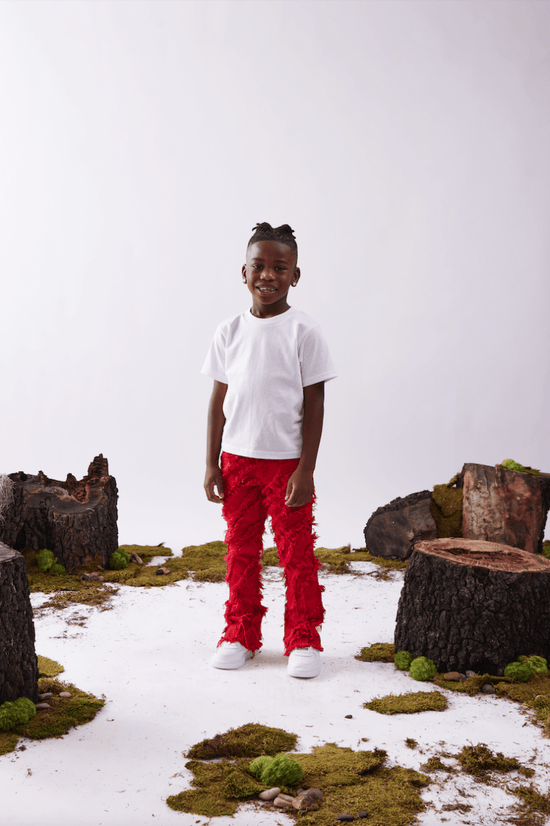 KIDS “GRIT” STACKED RED JEAN – Valabasas